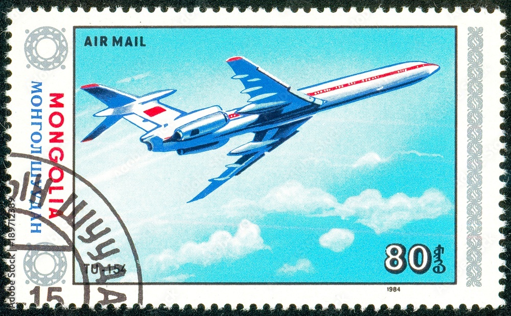 Ukraine - circa 2018: A postage stamp printed in Mongolia show aircraft ...