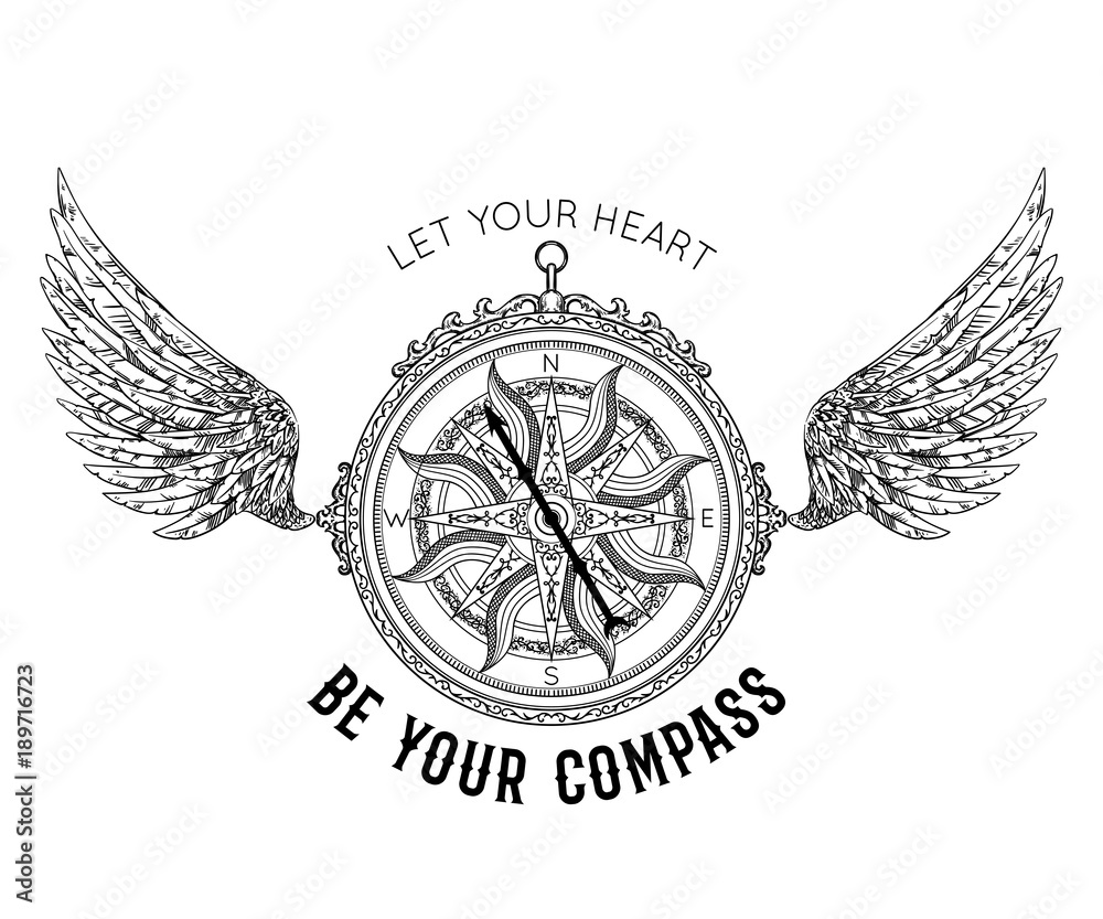 Typography poster with vintage compass and wings. Inspirational quote ...