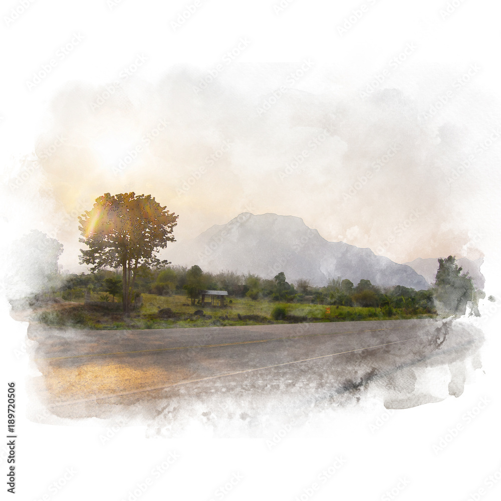 Country road through the tree and mountain with beautiful sky ...