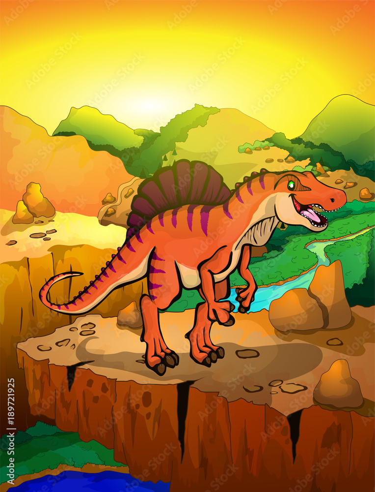 Cute cartoon spinosaur with landscape background. Vector illustration ...