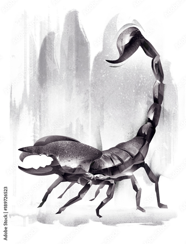 painted sketch of a scorpion sideways stylized for watercolor ...