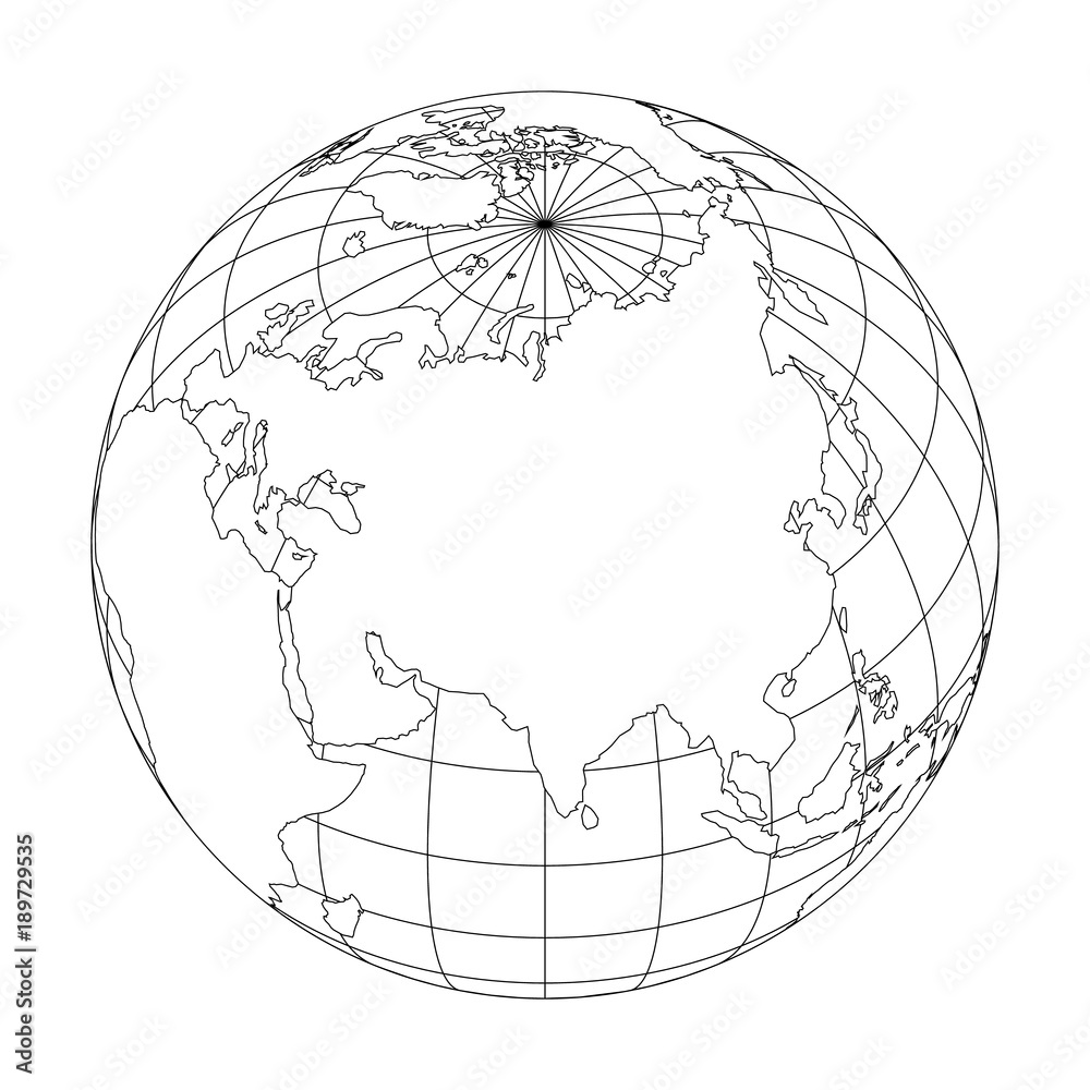 Outline Earth globe with map of World focused on Asia. Vector ...