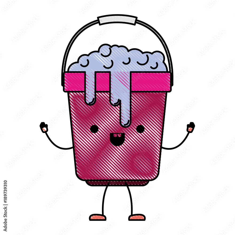 kawaii cartoon bucket with handle and full of water with soap detergent ...