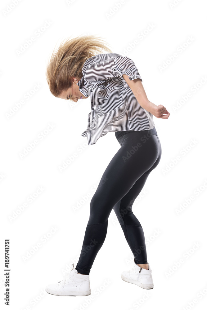 Motion of energetic female dance hall dancer swinging head with flowing ...