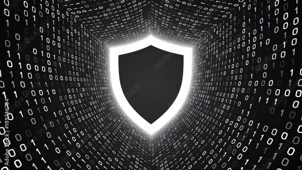 Vidéo Stock White shield icon form white binary tunnel on black background. Computer security ...