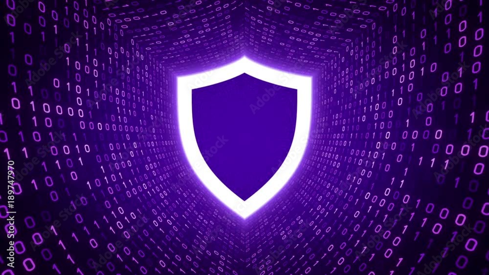 Vidéo Stock White shield icon form purple binary tunnel on purple background. Computer security ...