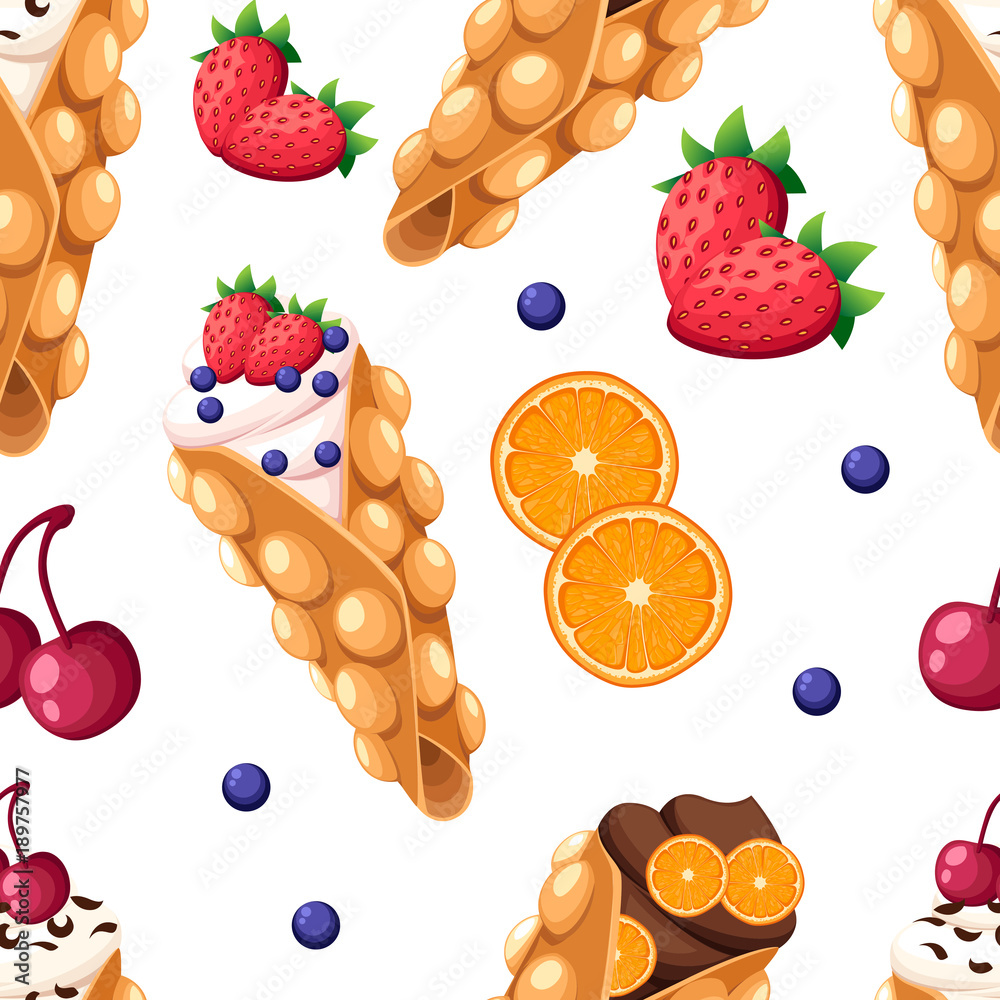 Seamless pattern Hong Kong waffle with cherry strawberry orange and ...