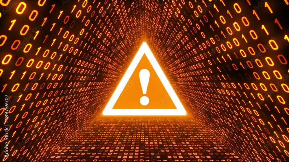White attention sign form gold binary tunnel on black background ...