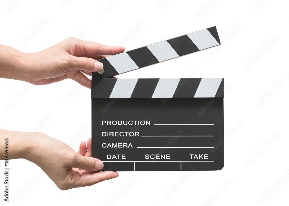 Film slate board or cinema act clapperboard on woman’s hand with take ...