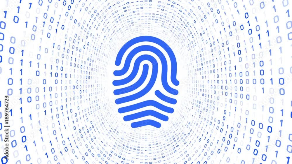 Blue fingerprint icon form blue binary tunnel on white background ...
