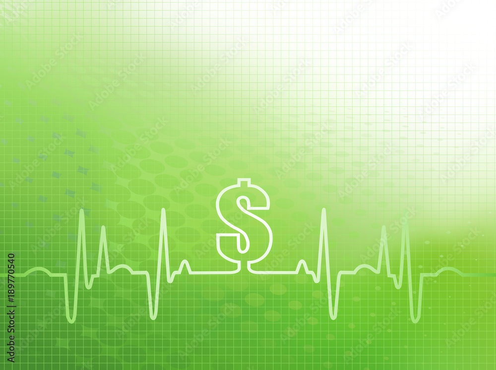 Abstract green graphic of ekg/cardiogram with dollar sign and flowing ...