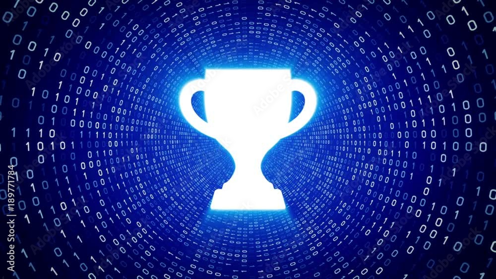 White trophy cup icon form white binary tunnel on blue background ...
