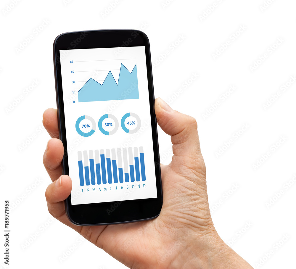 Hand holding a black smart phone with graphs and charts elements on ...