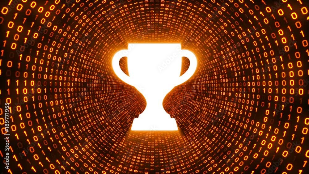 White trophy cup icon form gold binary tunnel on black background ...