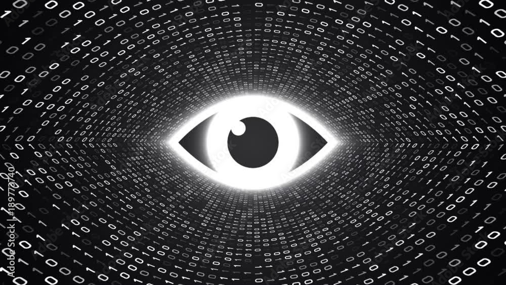 White eye icon form white binary tunnel on black background. Computer ...