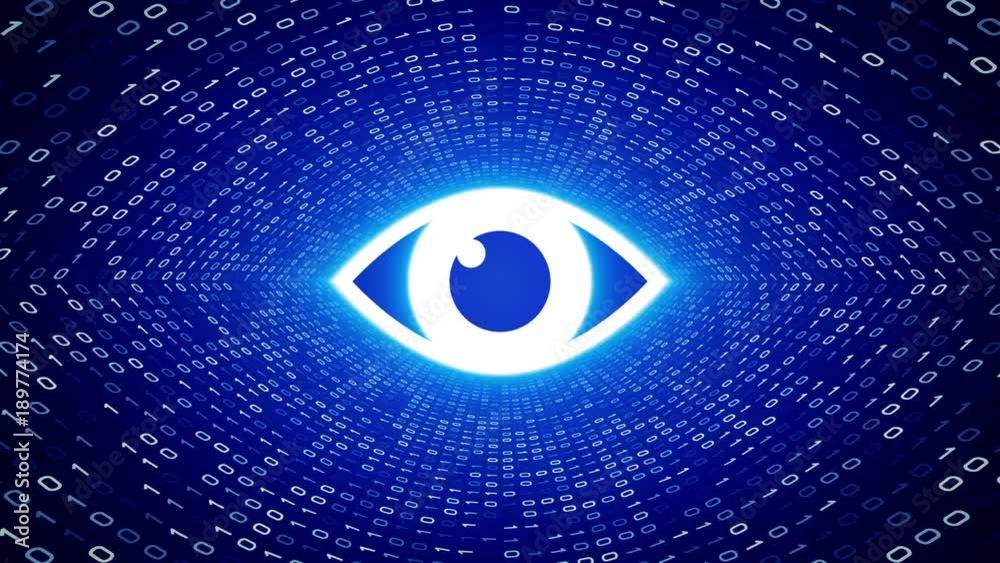 White eye icon form white binary tunnel on blue background. Computer security concept. Seamless ...