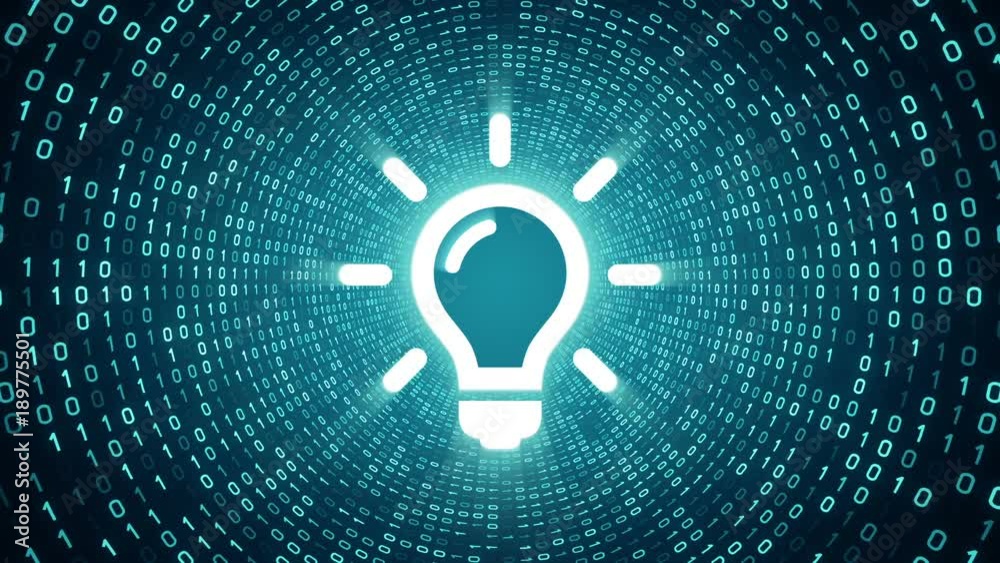 White light bulb icon form cyan binary tunnel on cyan background ...