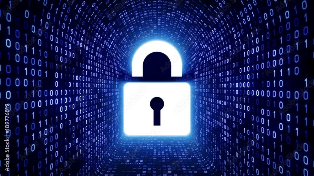 White lock icon form blue binary tunnel on black background. Computer security concept. Seamless ...