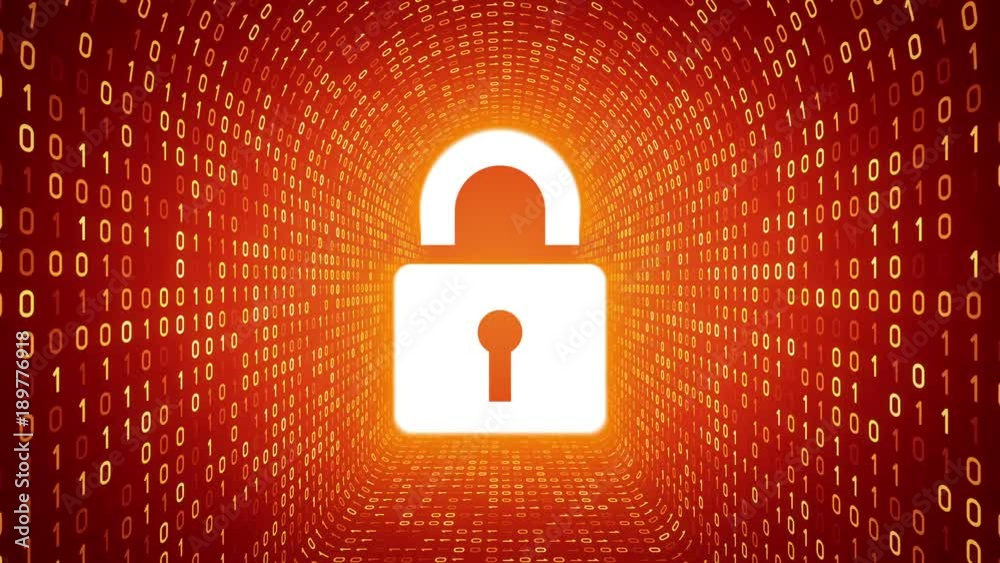 White lock icon form yellow binary tunnel on orange background. Computer security concept ...
