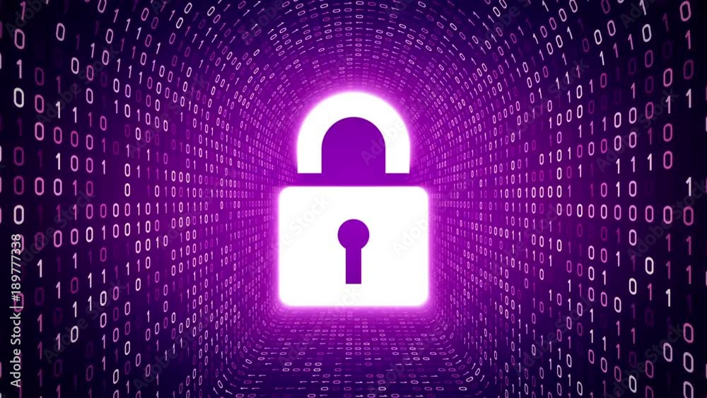 White lock icon form white binary tunnel on violet background. Computer security concept ...