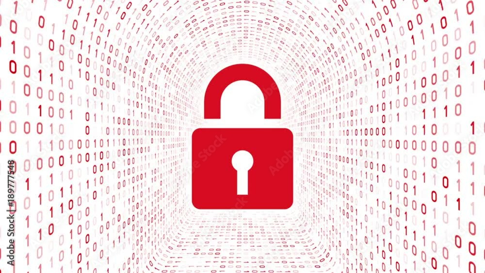 Red lock icon form red binary tunnel on white background. Computer security concept. Seamless ...