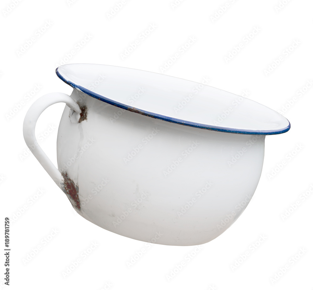 Old tin chamber pot isolated on white Stock Photo | Adobe Stock