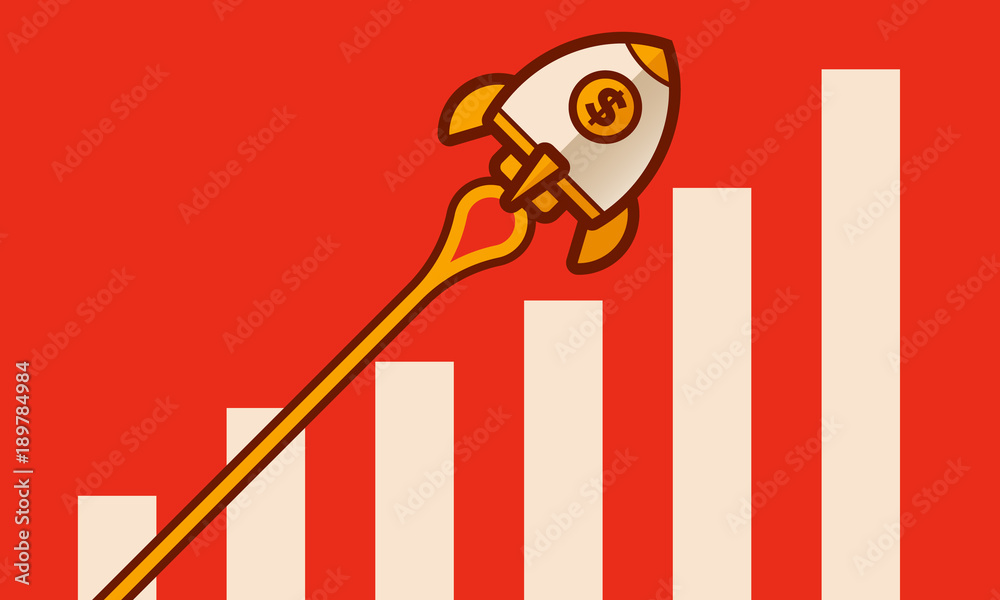 Retro rocket space ship success concept with graph chart and dollar ...