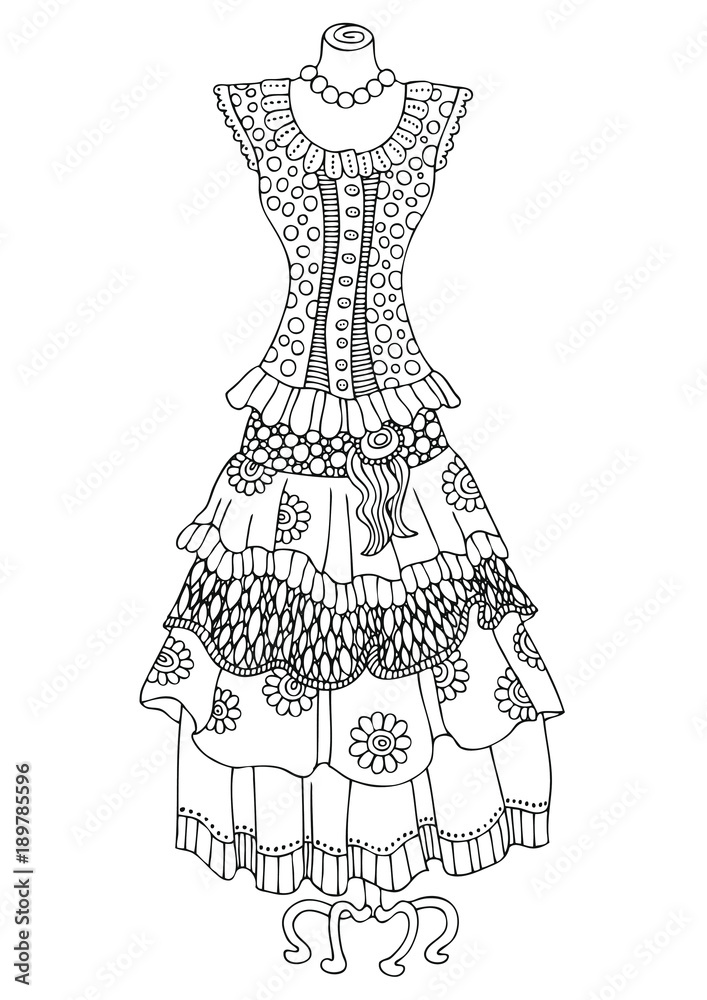 Women's lace dress. Hand drawn illustration for coloring page, poster ...