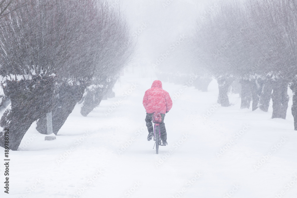 Winter is coming by snow. Poor visibility in heavy snow storm on path ...