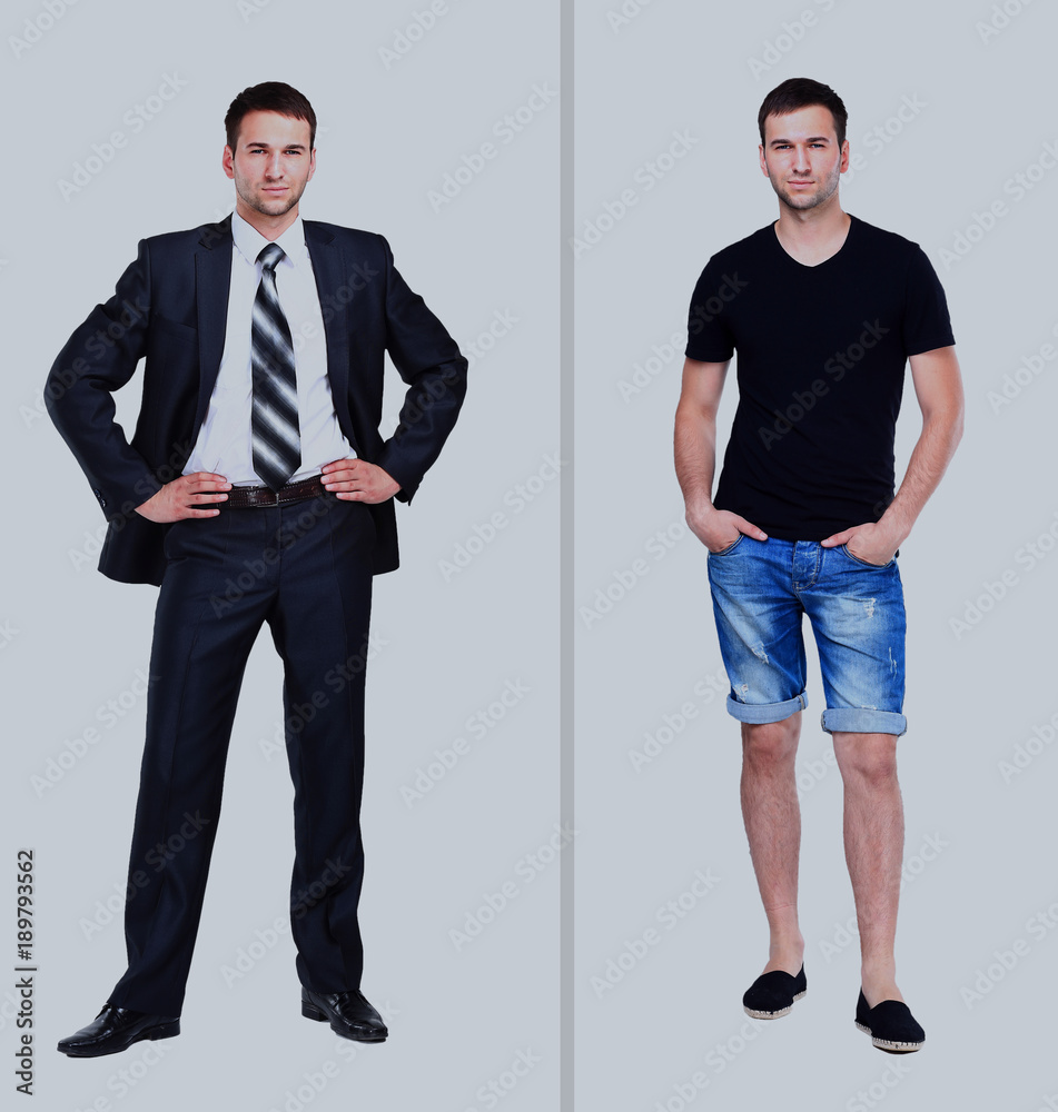 the photo shows a man in casual clothes, and the man in a suit is ...