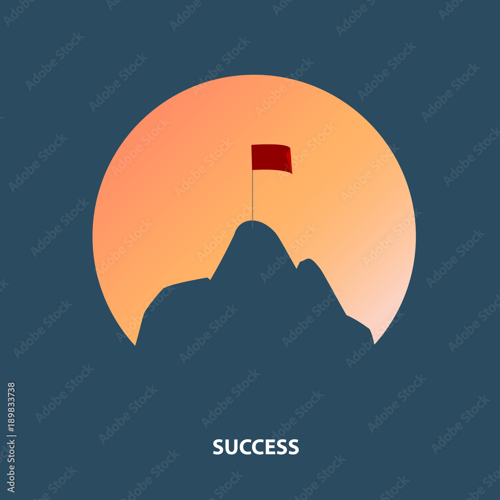 Red flag on top of mountains. Concept of success, winner ...