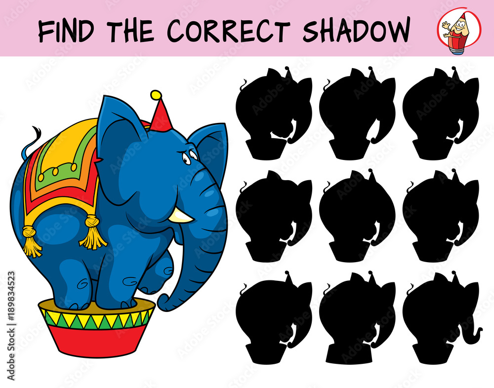 Circus elephant. Find the correct shadow. Educational matching game for ...