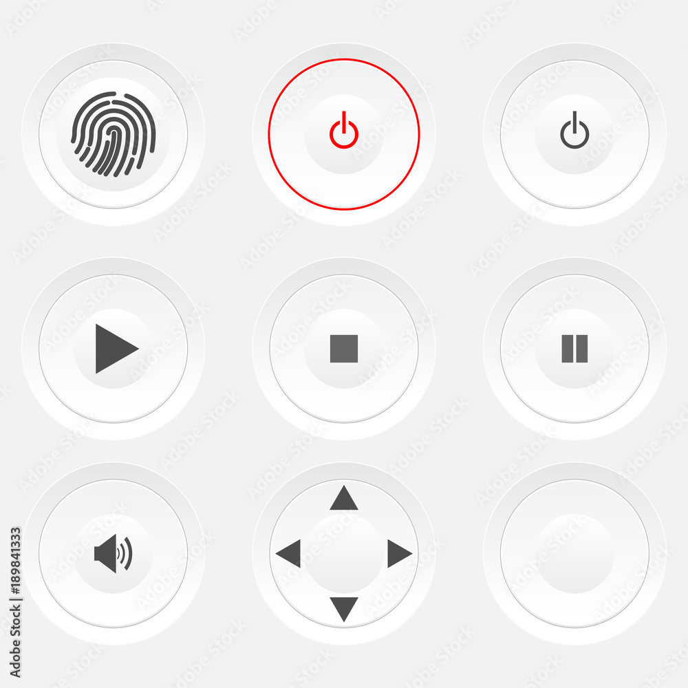 Set of white round knobs with symbols; fingerprint, standby (red ...