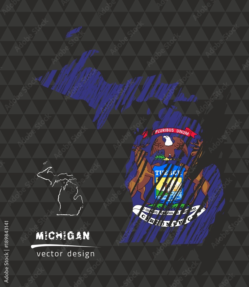 Michigan map with flag inside on the black background. Chalk sketch ...