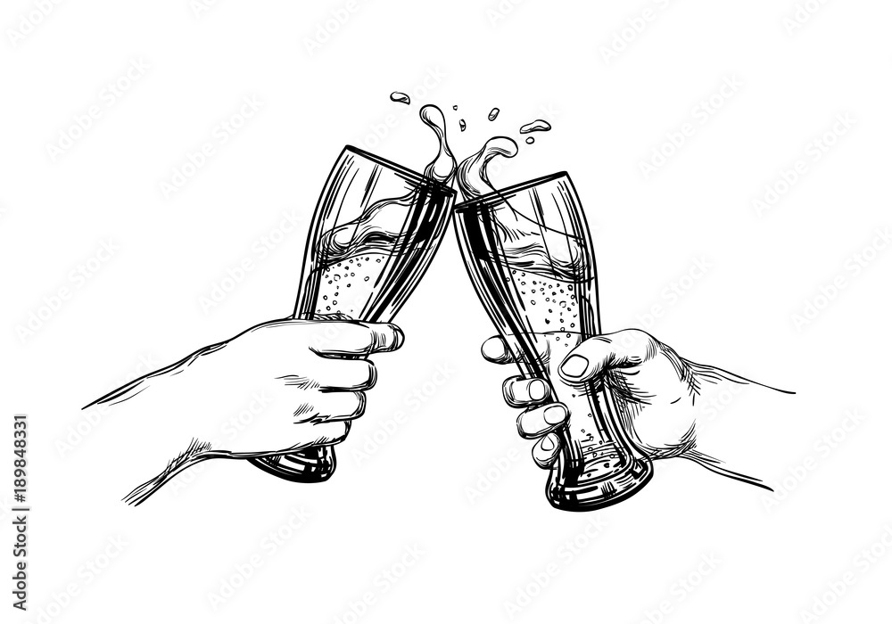 Two men's hands with a cool beer pint, clink glasses with a splash of ...