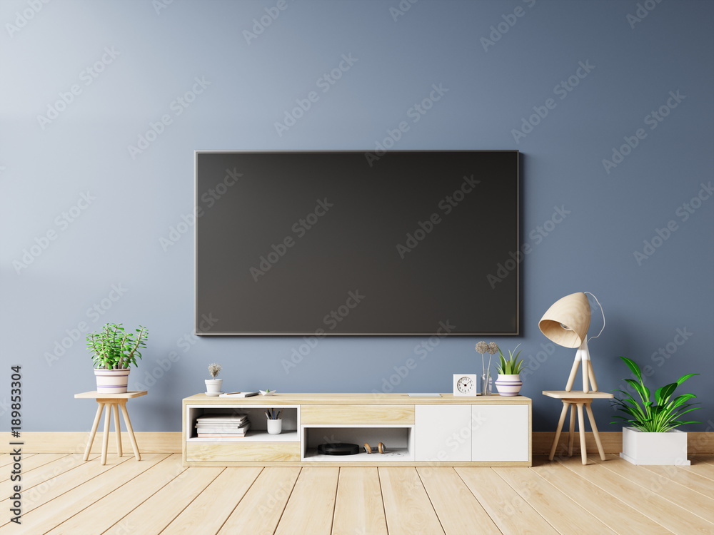 Tv screen in modern empty room and lamp,plants,Decoration on back dark ...
