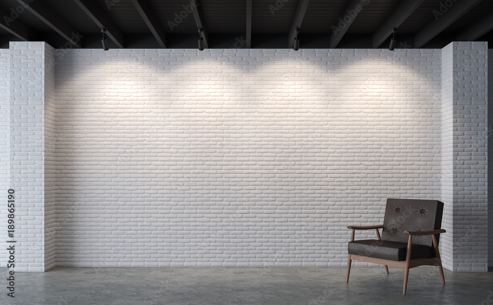 Modern loft living room with white brick wall 3d rendering image.There ...