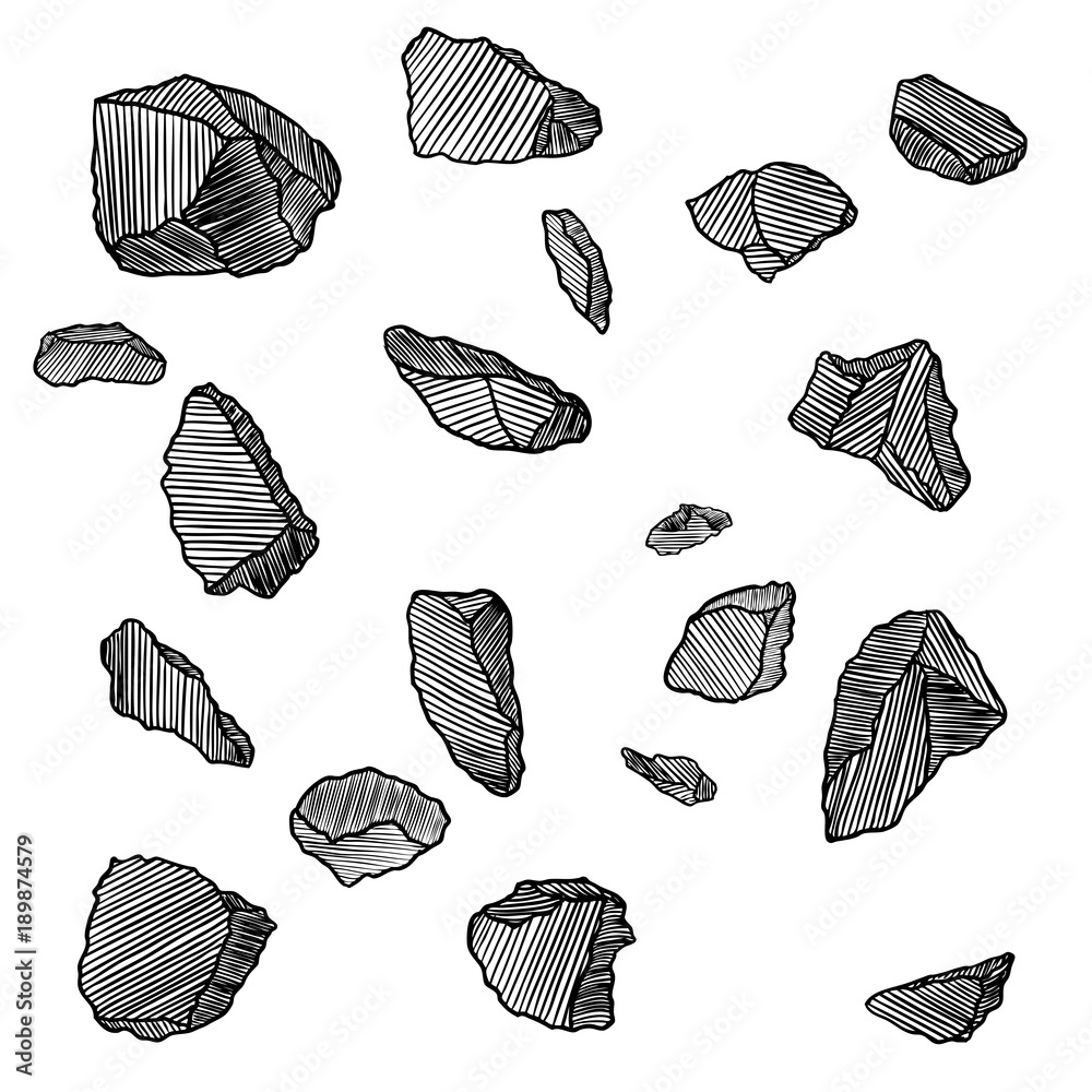 Stones hand drawn sketches set. Stones and rocks in drawing hatching ...