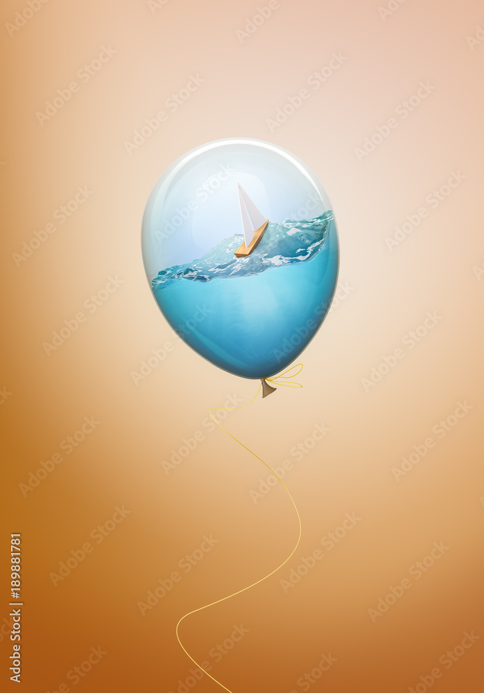 Water inside balloon with sailing small boat creative concept. Minimal ...