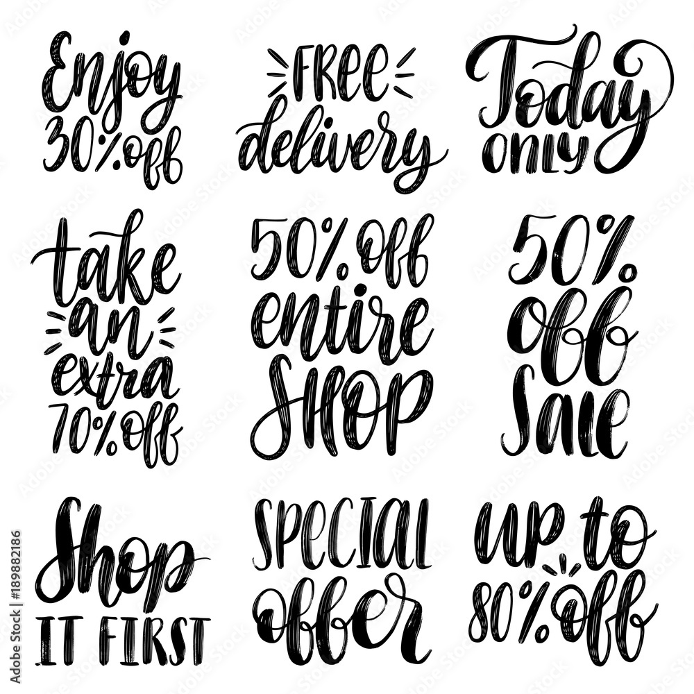 Vector set of handwritten sales phrases. Calligraphic collection for ad ...