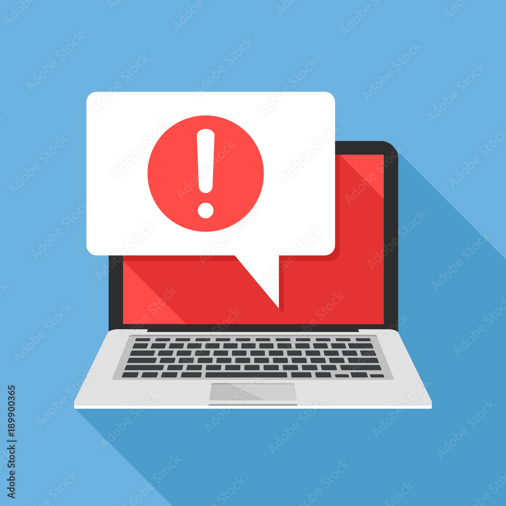 Notification. Laptop and speech bubble with exclamation mark icon on ...
