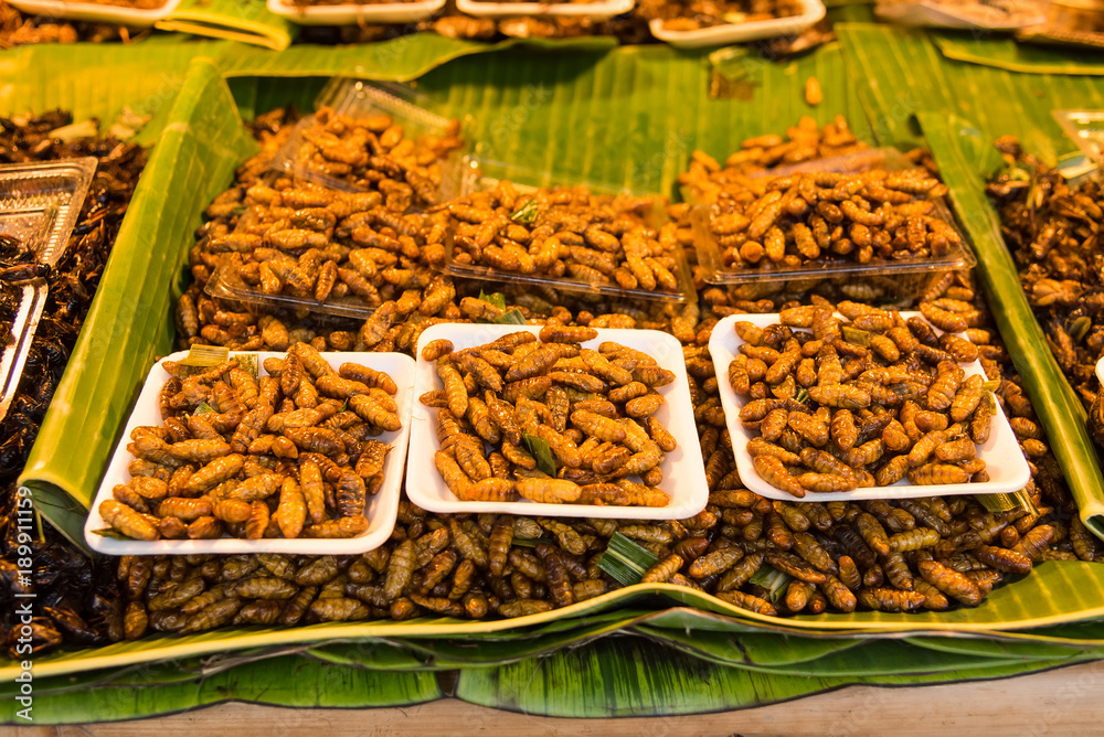 Fried bugs at street market in thailand,Bugs fried in banana leaf with ...