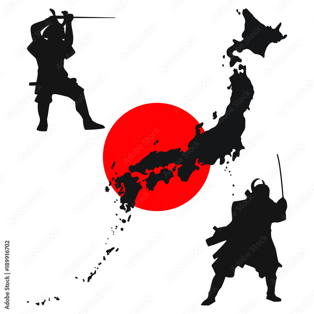 figures of four Samurais. map of Japan. symbol of the sun Stock Vector ...