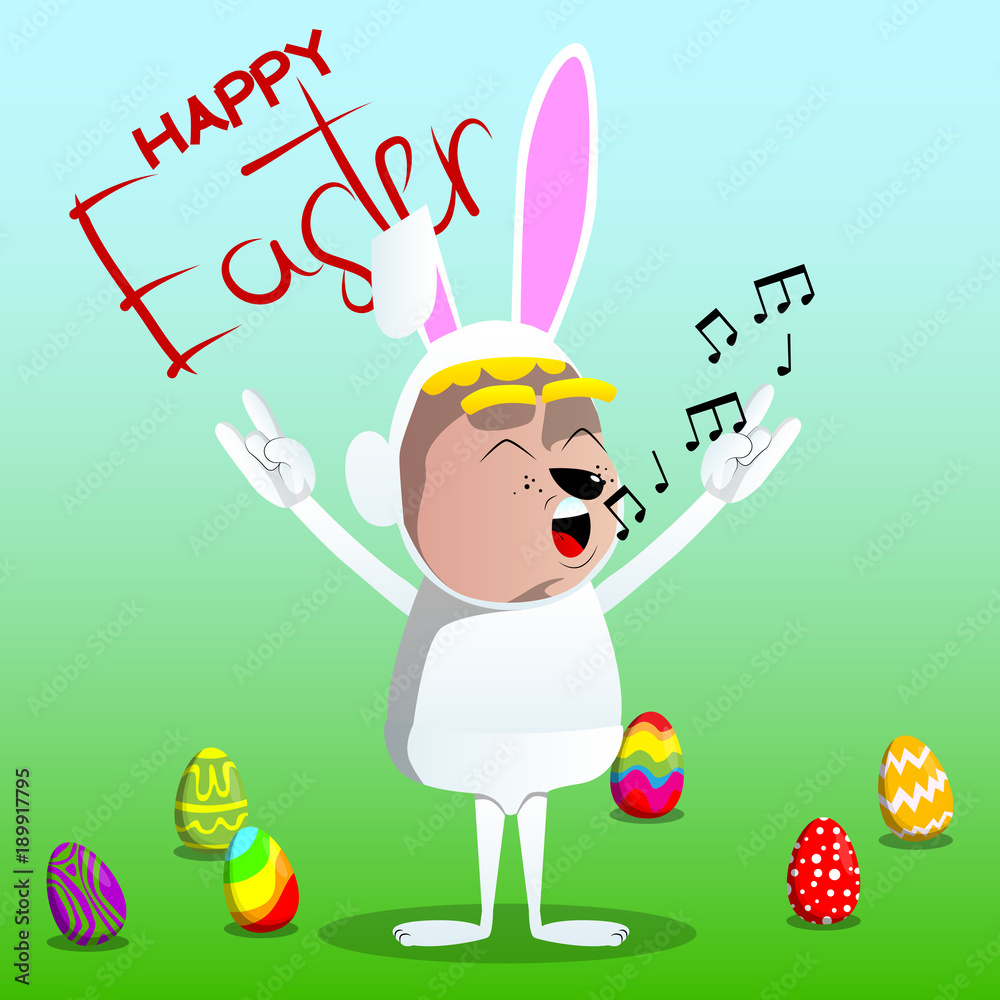 Boy dressed as Easter bunny with hands in rocker pose. Vector cartoon ...