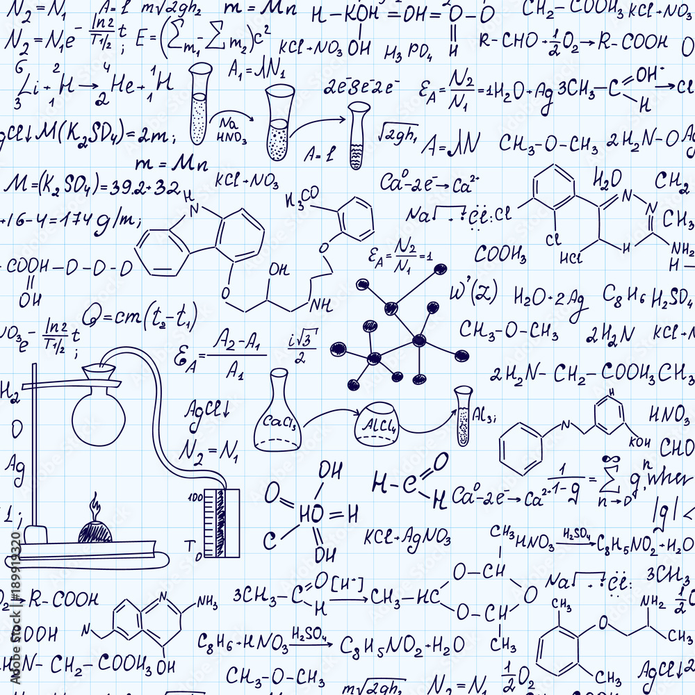Scientific vector endless texture with chemical formulas, equations ...
