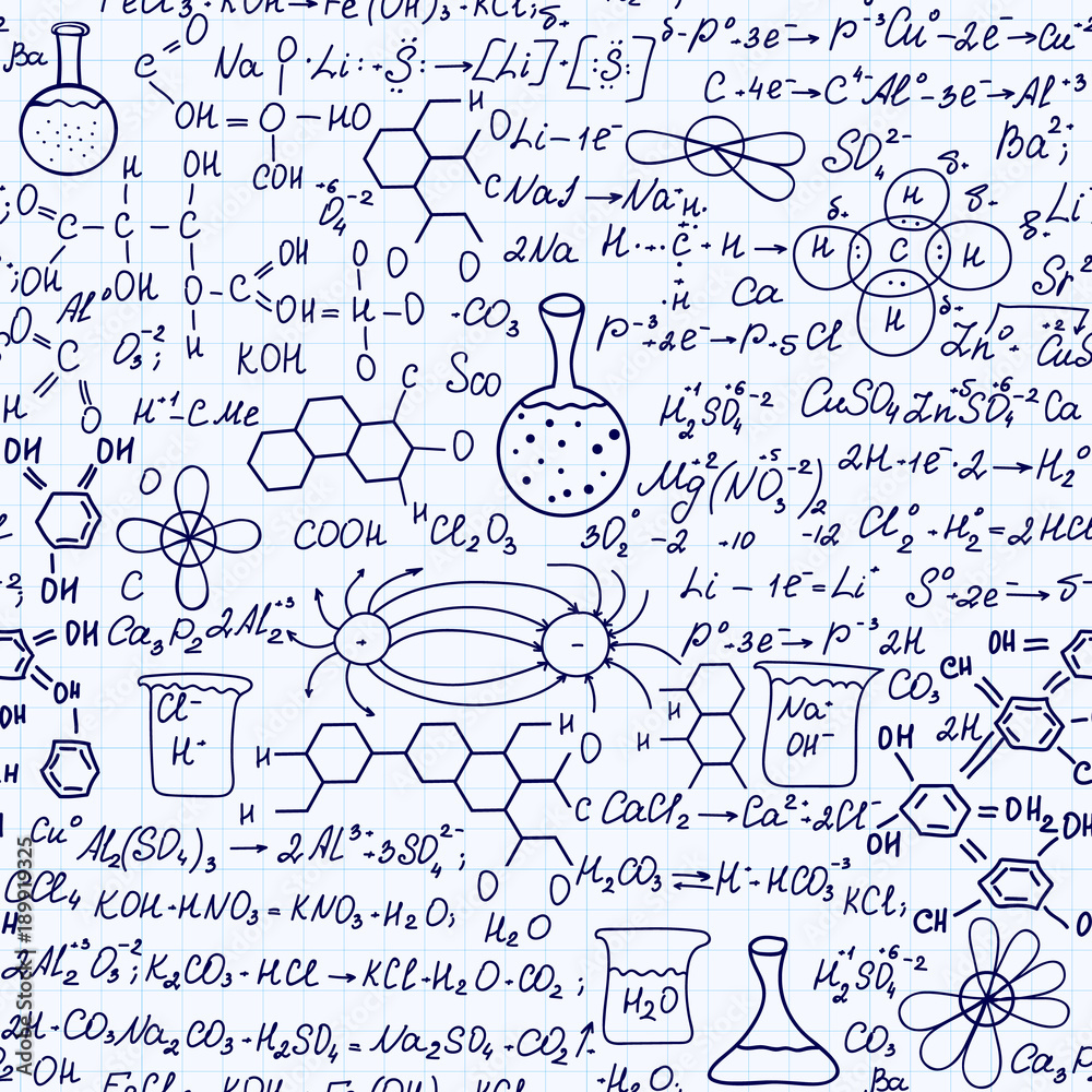 Educational vector seamless pattern with handwritten chemical formulas ...