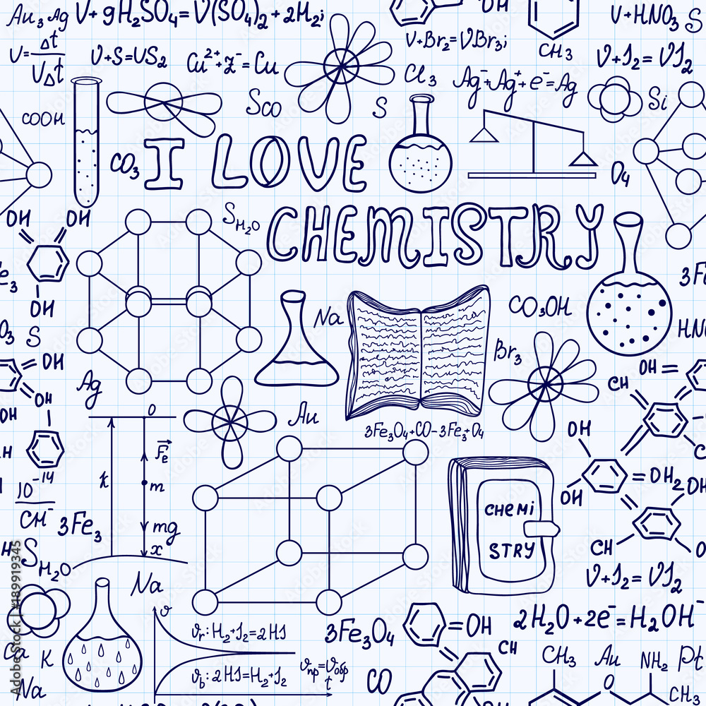 Chemistry vector seamless pattern with handwritten words "I love ...