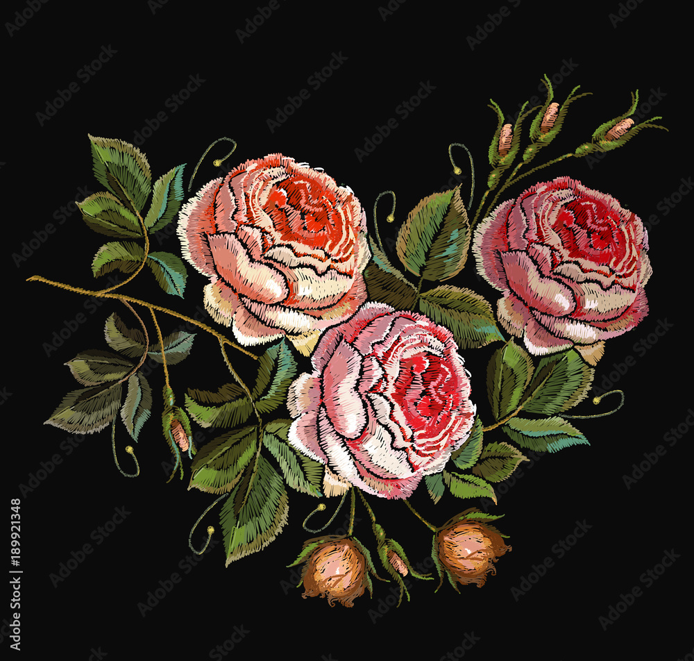 Roses embroidery seamless pattern. Classical embroidery vintage buds of ...