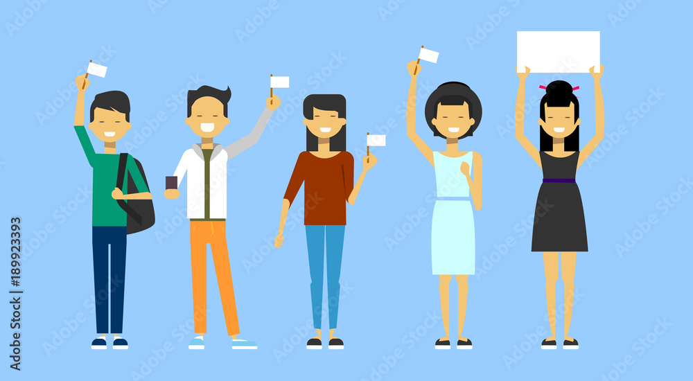 Group Of Asian People Holding White Template Flags And Empty Banner ...