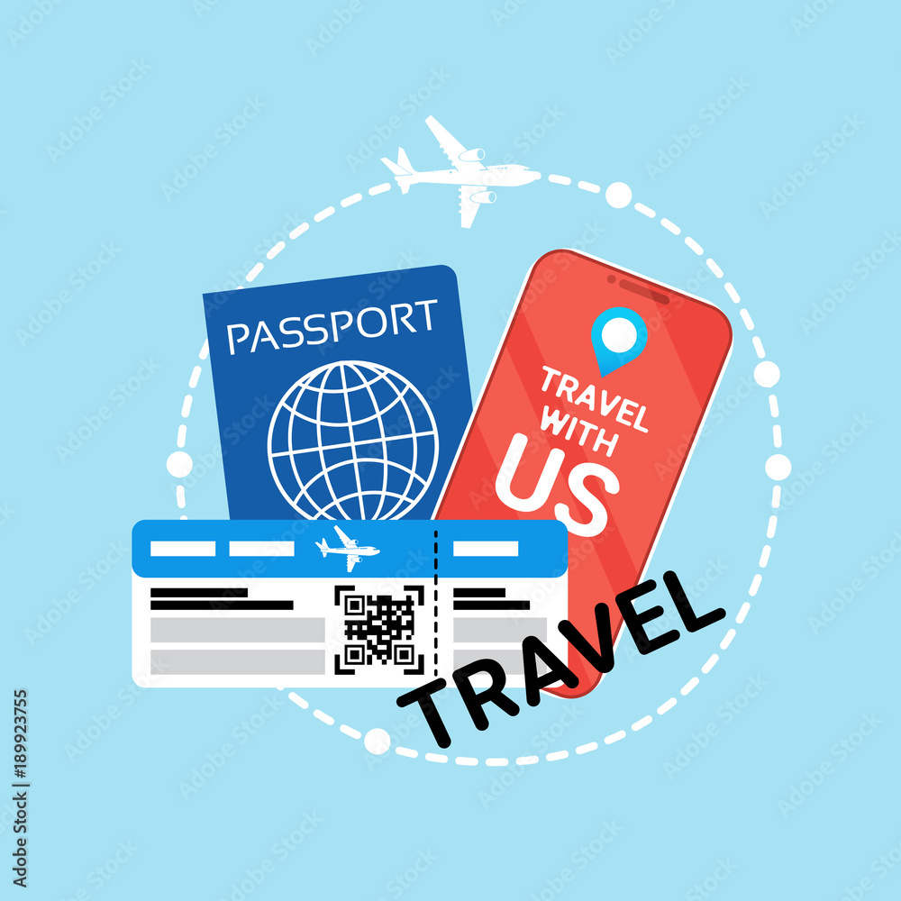 Travel Documents Icon Id Passport And Ticket On Plane Flat Vector ...